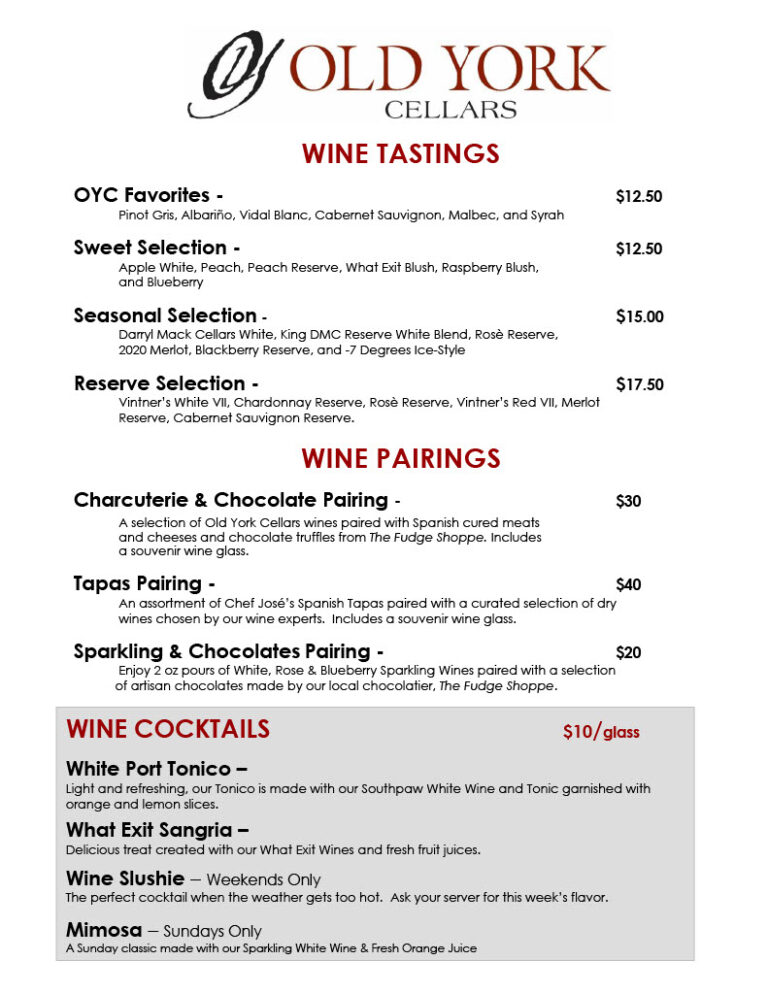 Winery Food Menu