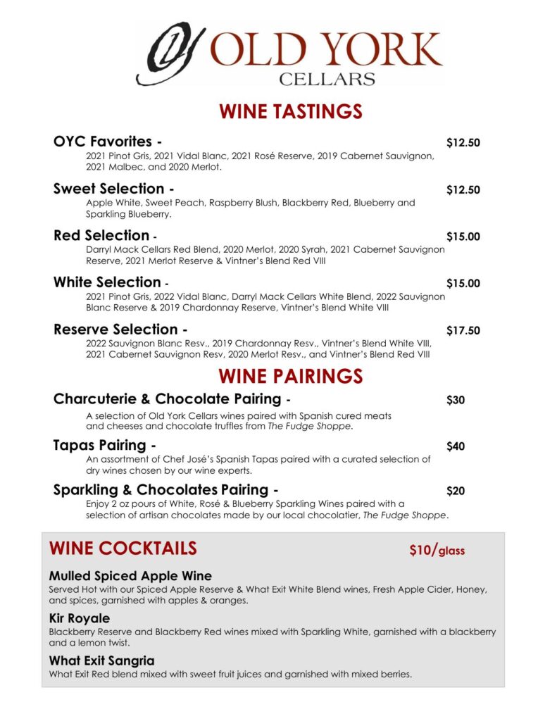 Winery Food Menu