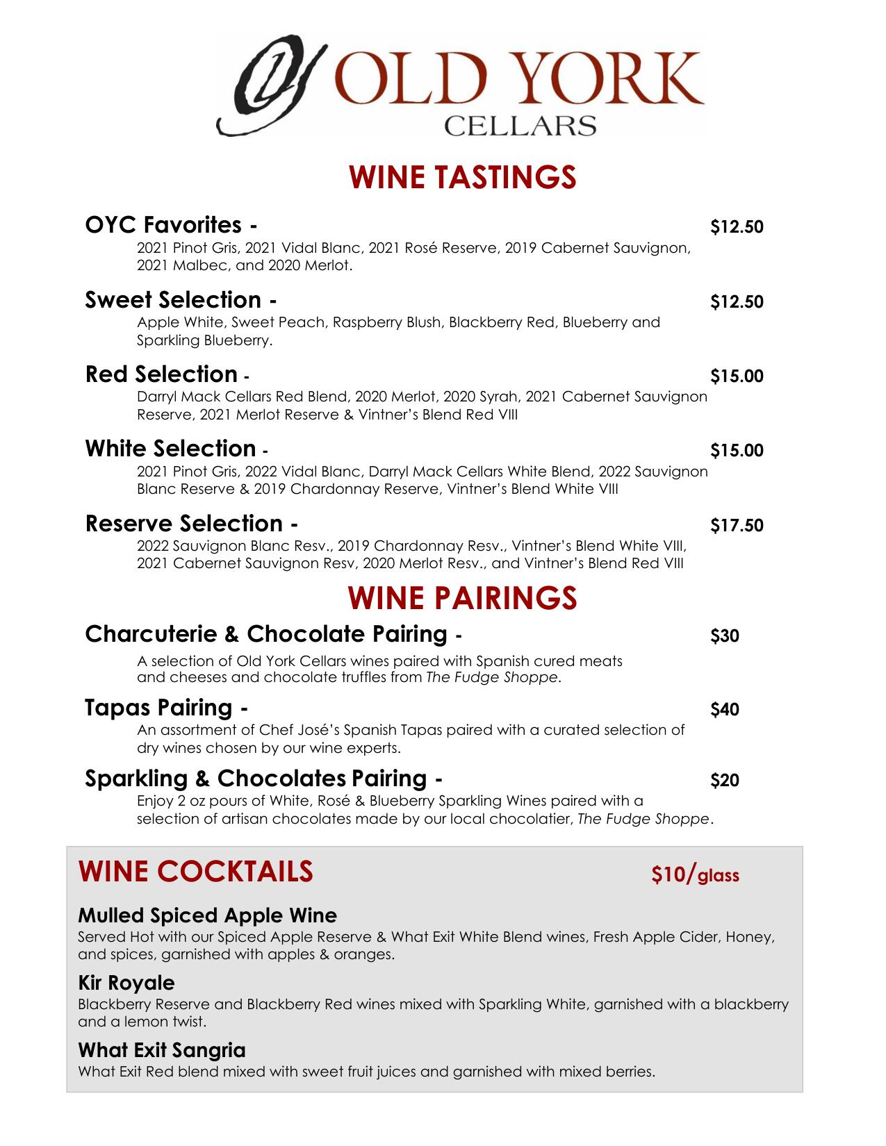 Winery Food Menu