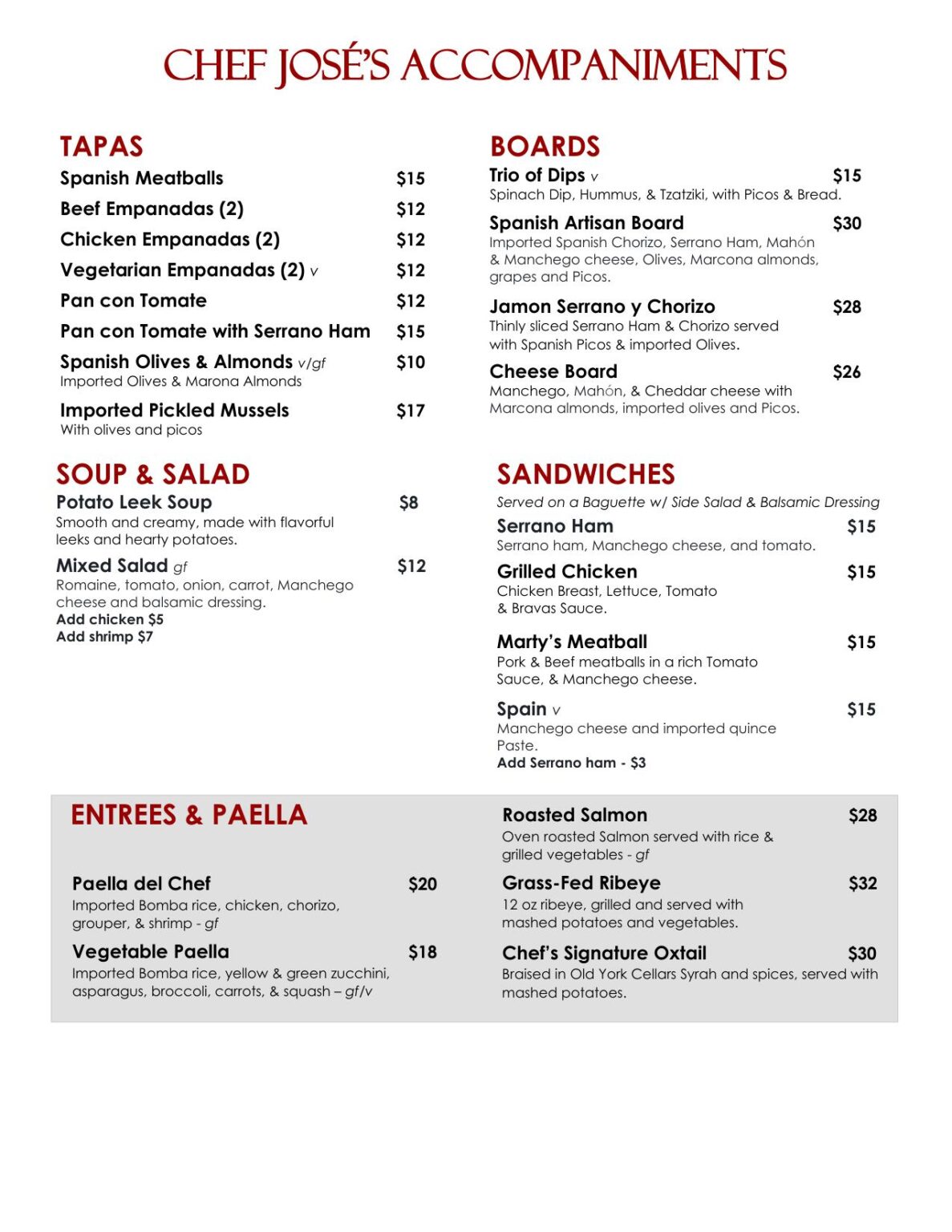 Winery Food Menu