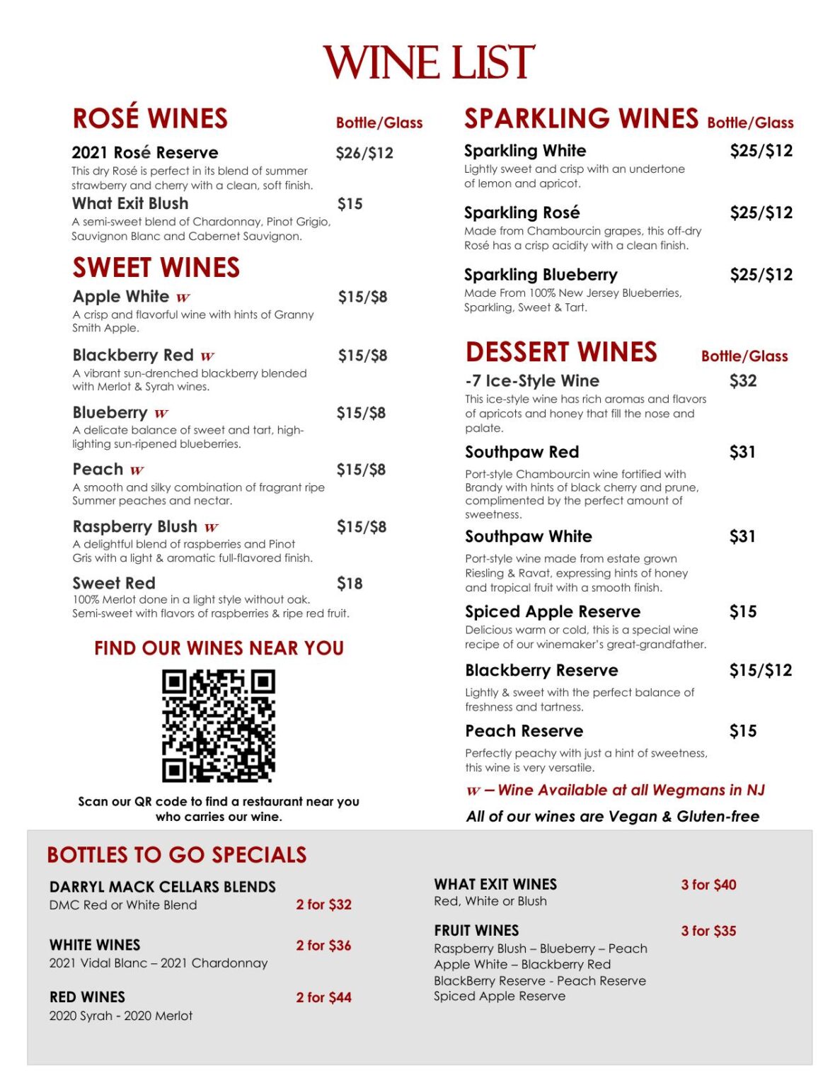 Winery Food Menu