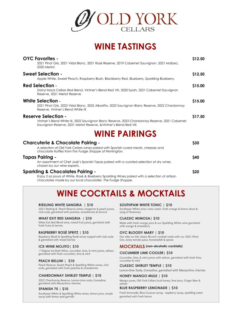 Winery Food Menu