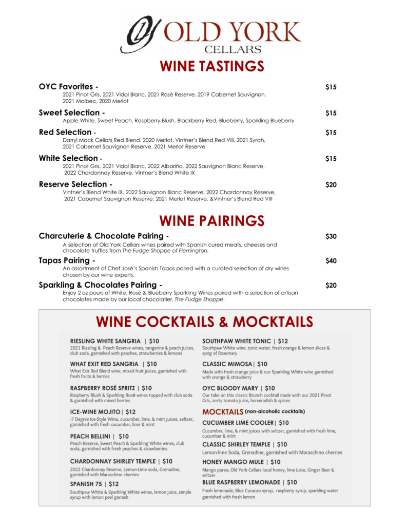 Winery Food Menu