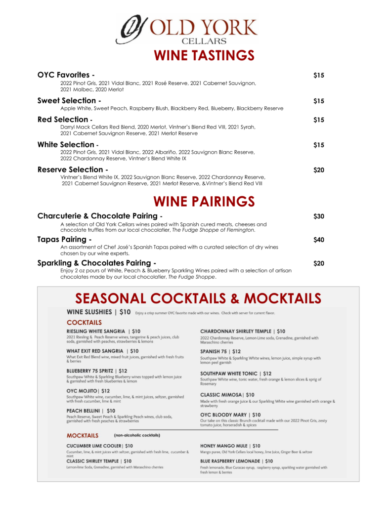 Winery Food Menu