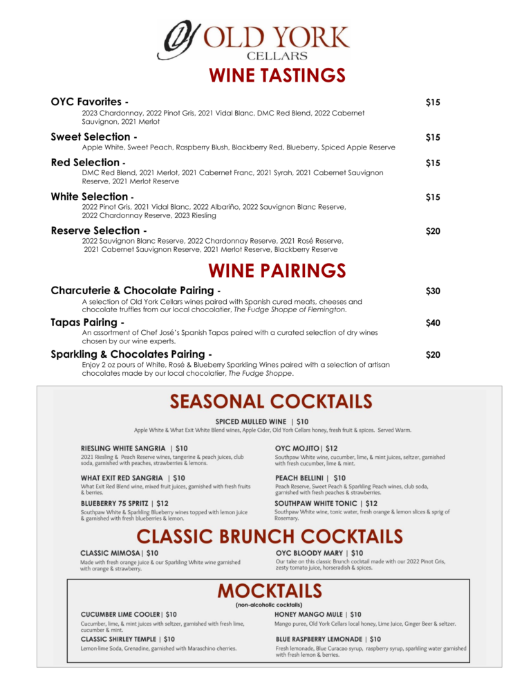 Winery Food Menu
