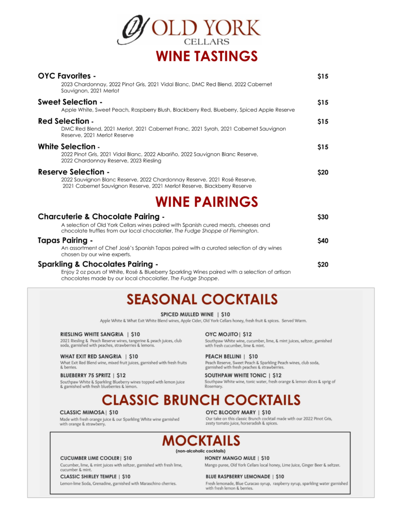 Winery Food Menu