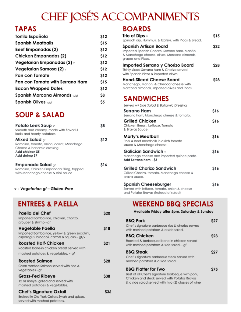 Winery Food Menu
