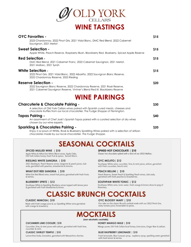 Winery Food Menu