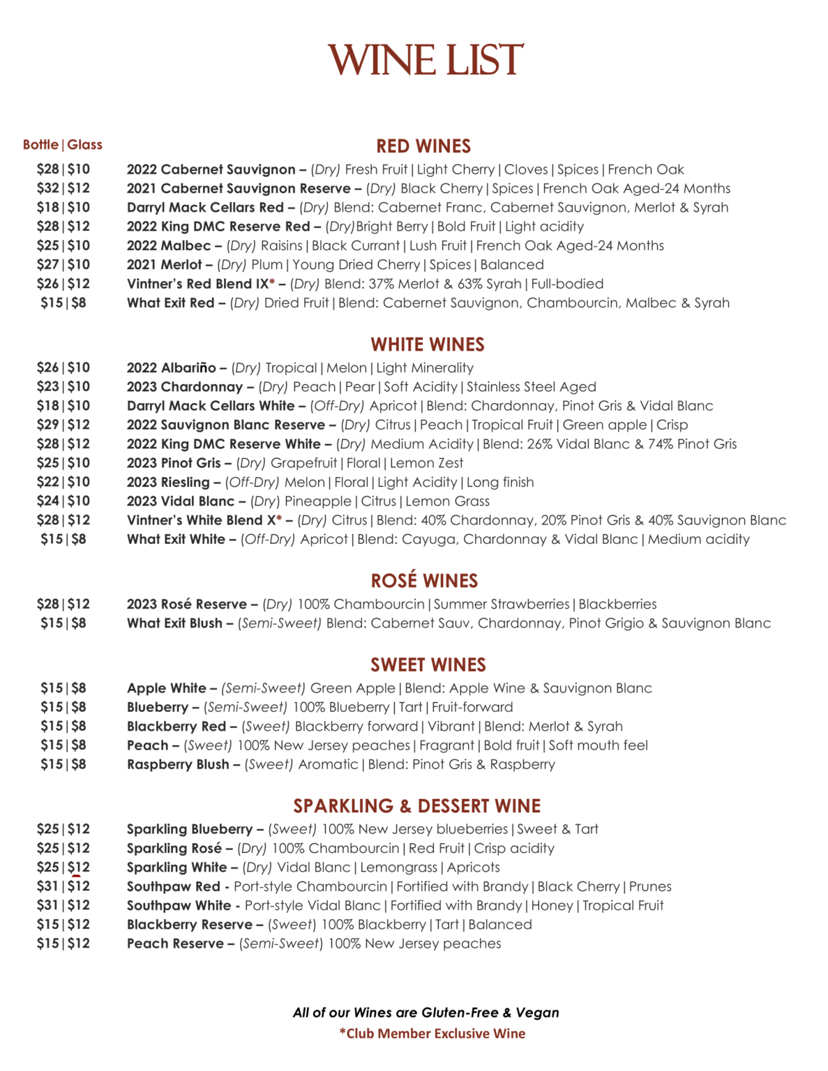 Winery Food Menu