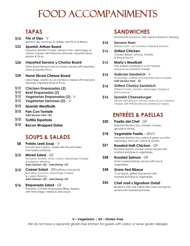 Winery Food Menu